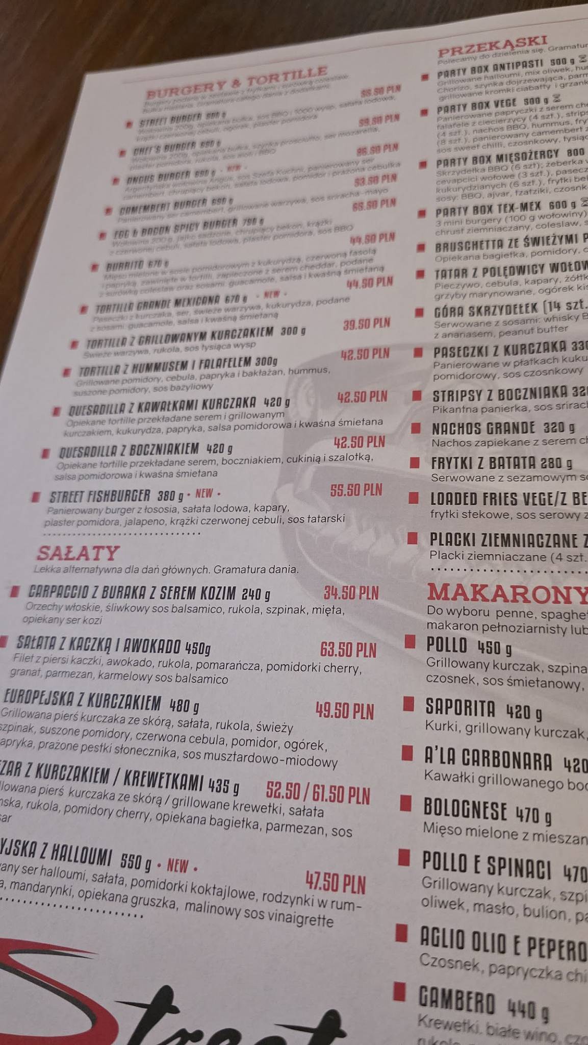 Menu at Street Restaurant, Warsaw, Marcina Kasprzaka 4