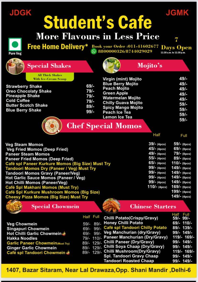 Menu at Student's Cafe, New Delhi