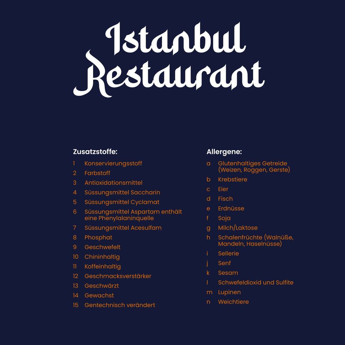 Menu at Istanbul Restaurant, Stuttgart
