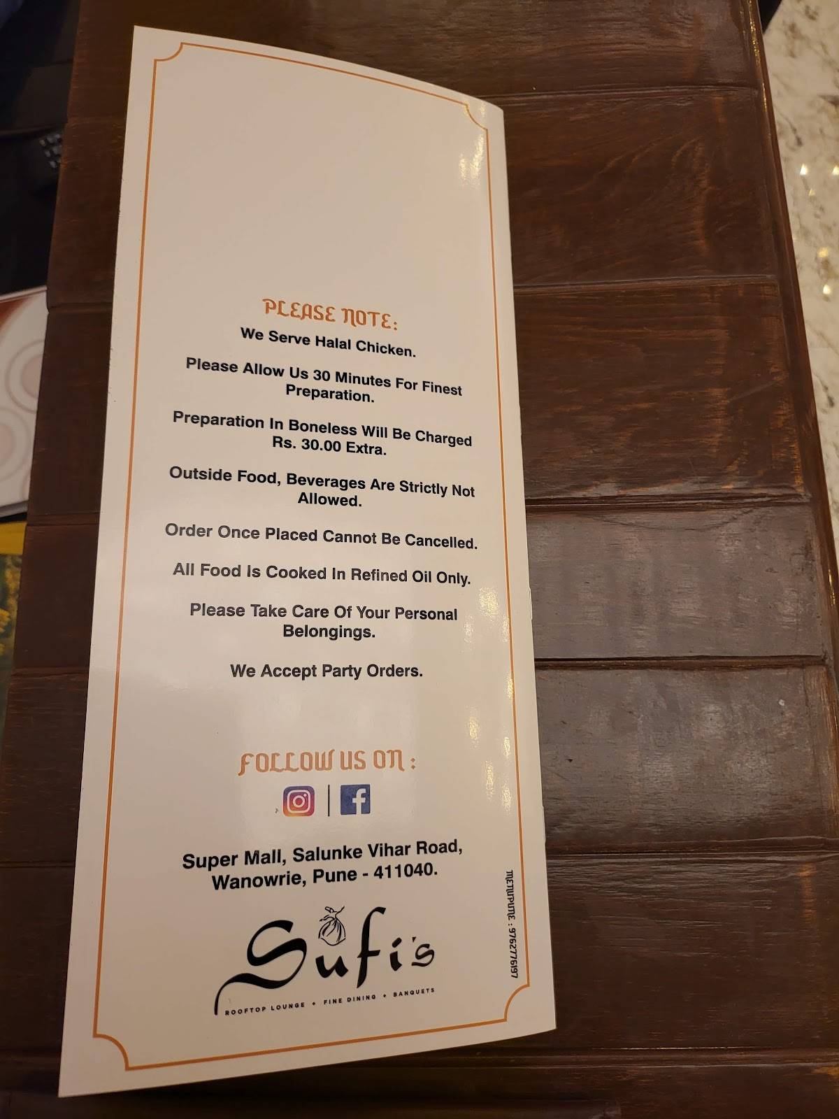 Menu at Sufi's restaurant, Pune