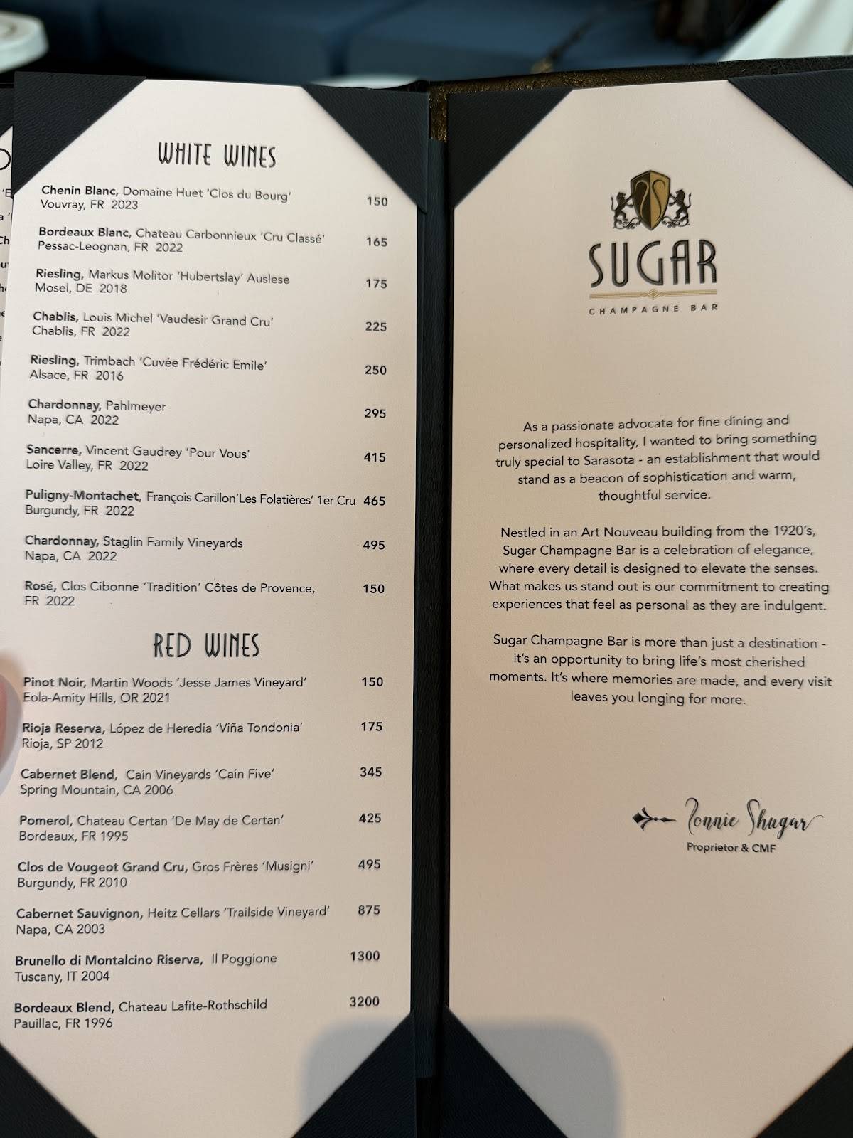 Menu at Sugar Champagne Bar, Sarasota