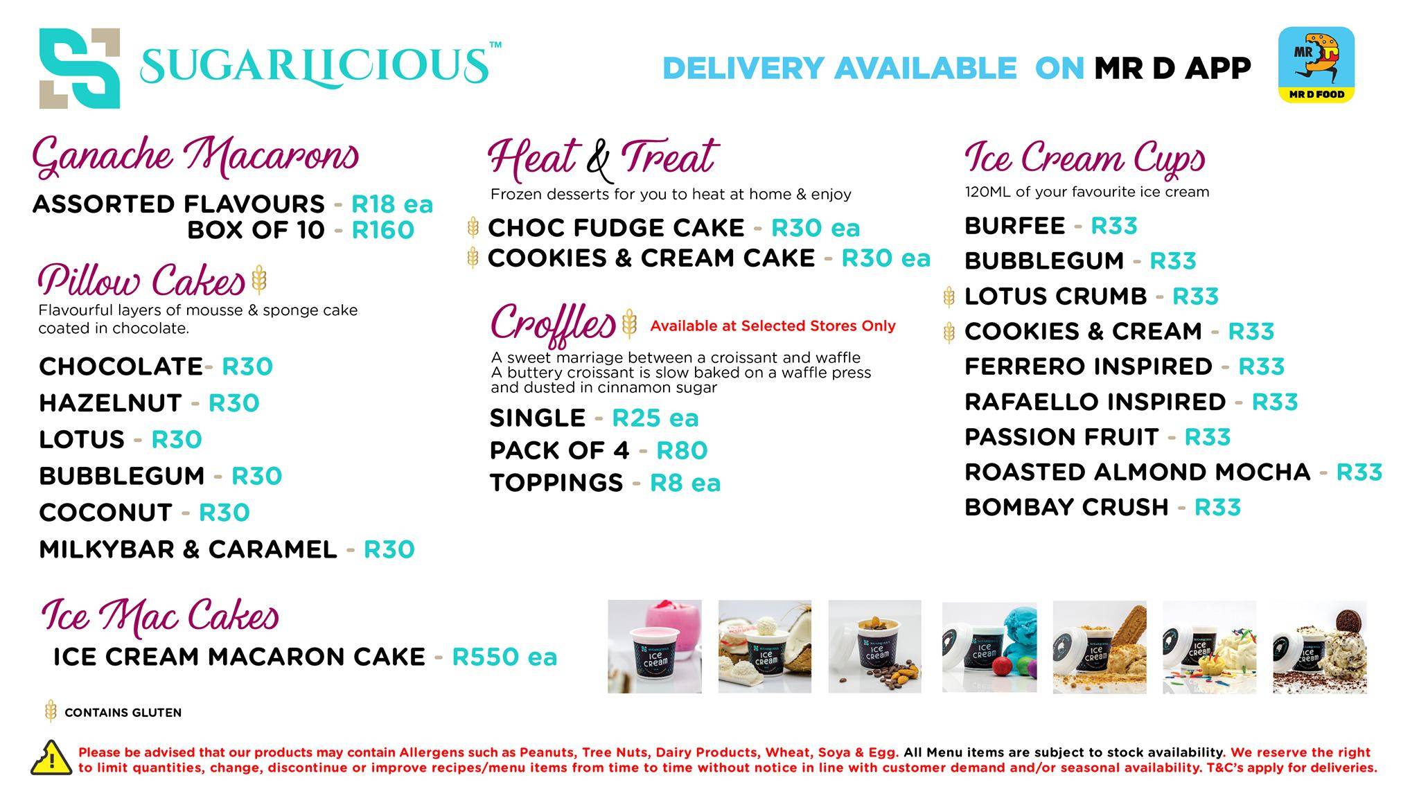 Menu at Sugarlicious desserts, Umhlanga, 2 Palm Blvd