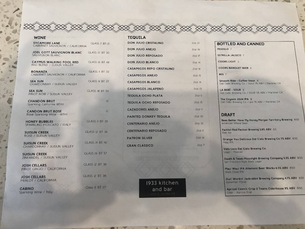 Menu at 1933 Kitchen and Bar, Suisun City