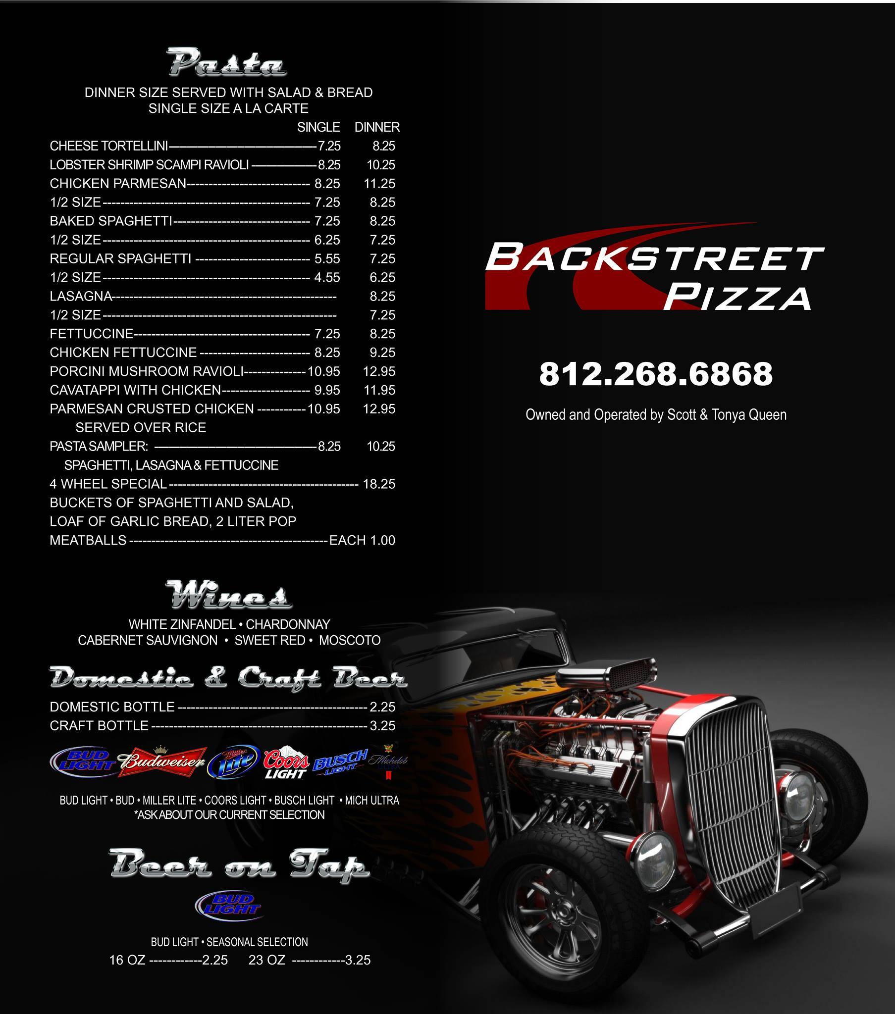 Menu at Backstreet Pizza pizzeria, Sullivan, 523 S Section St
