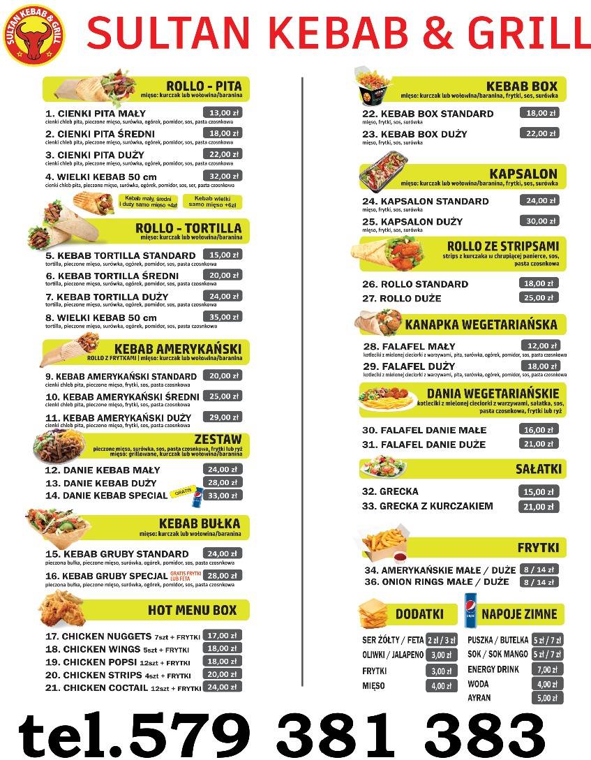 Menu at Sultan Kebab & Grill, Warsaw