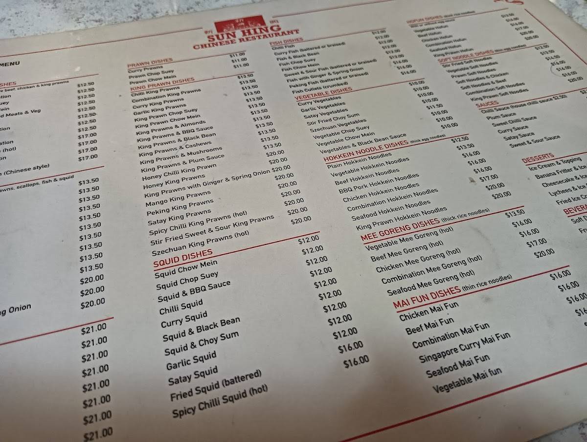 Menu at Sun Hing restaurant, Armadale