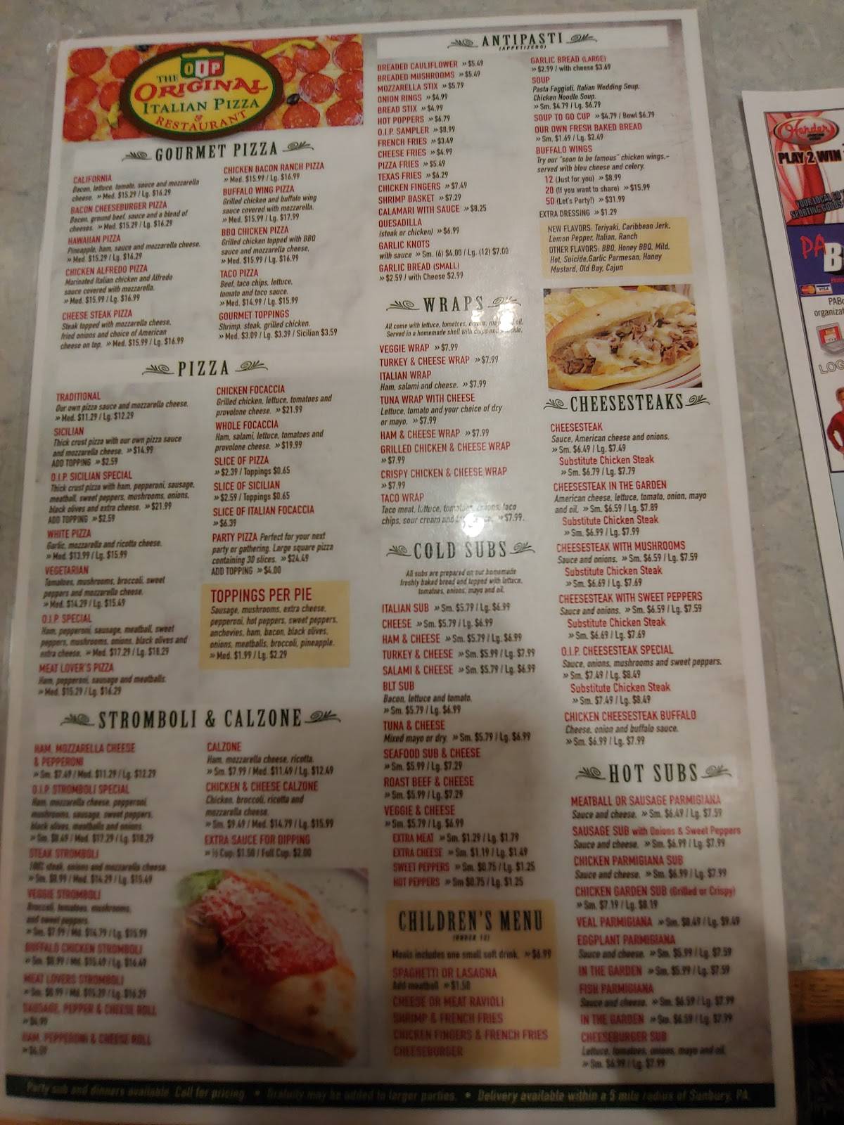 Menu at Original Italian Pizza pizzeria, Sunbury, 339 Market St