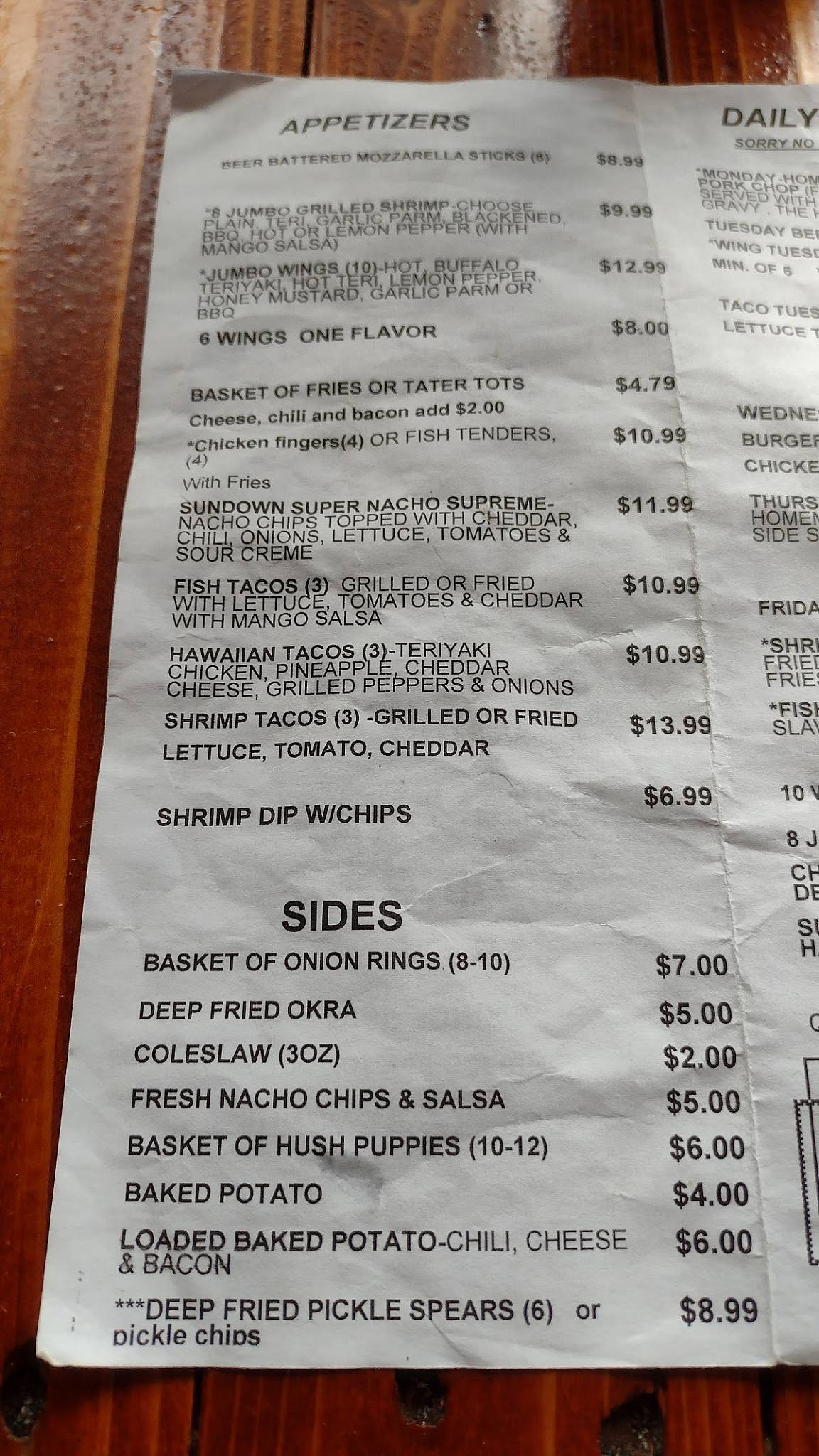 Menu at Sundown Restaurant and Sports Pub, Surfside Beach