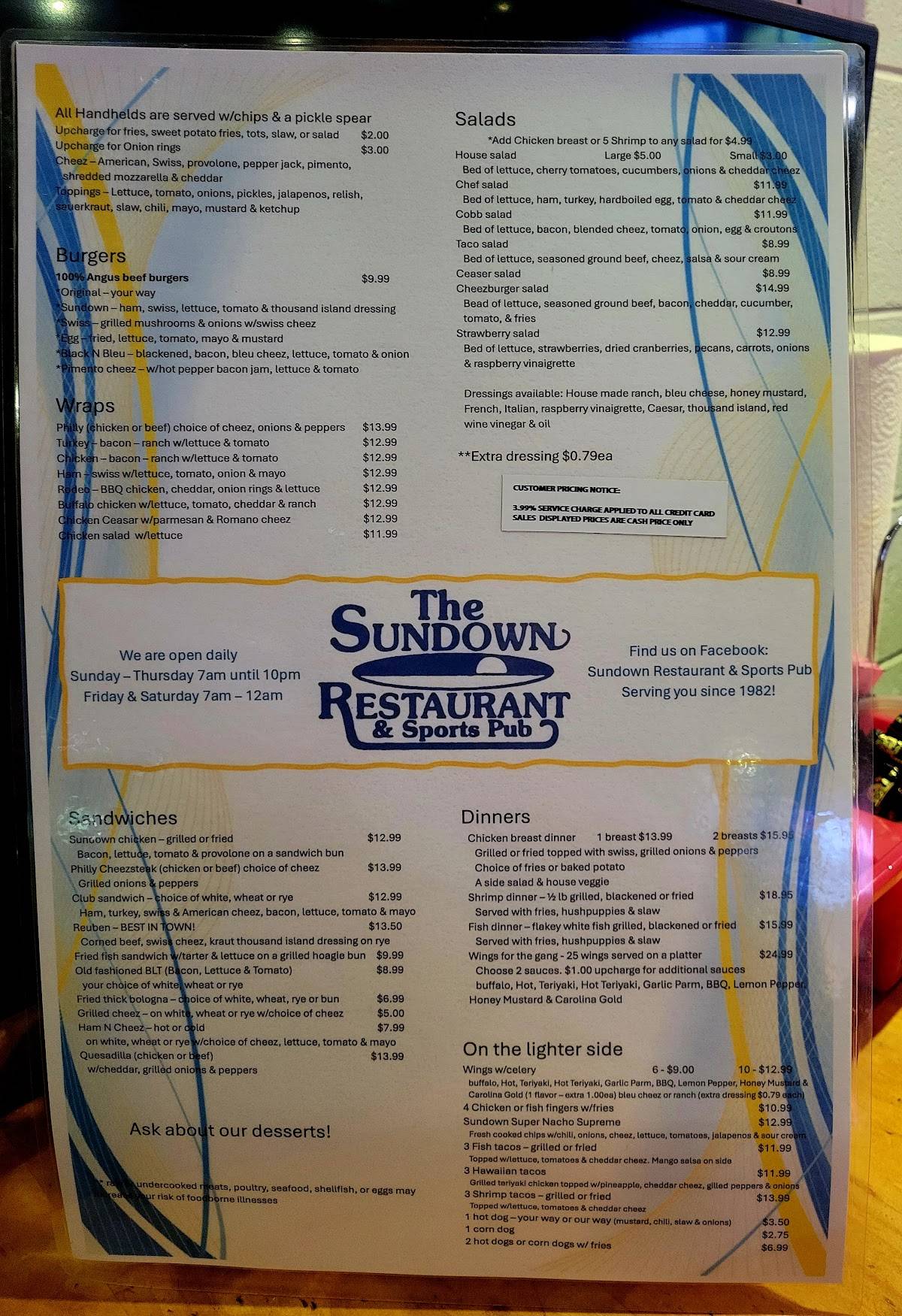 Menu at Sundown Restaurant and Sports Pub, Surfside Beach