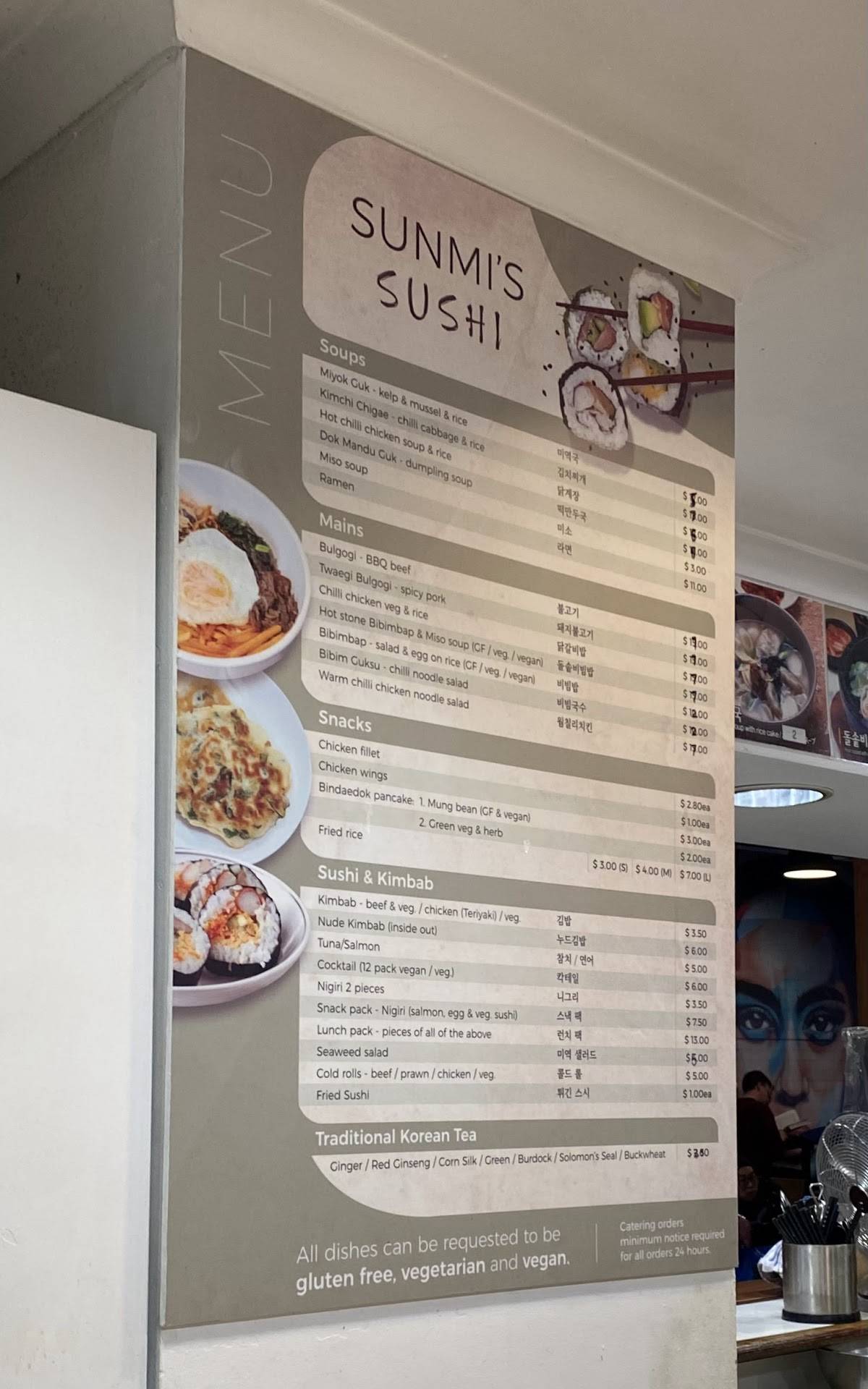 Menu at Sunmi’s Sushi restaurant, Adelaide