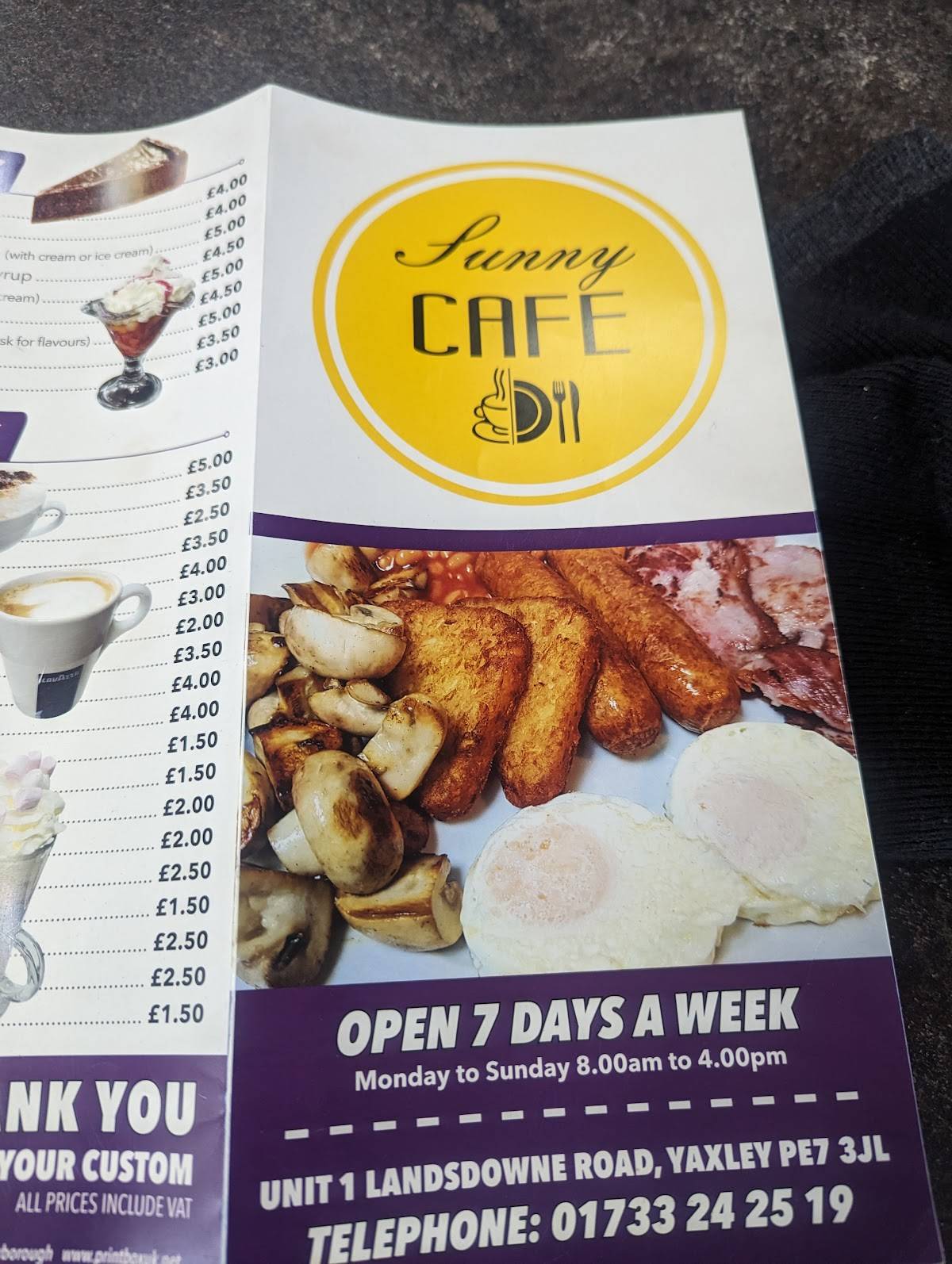 Menu at Sunny Cafe, Peterborough