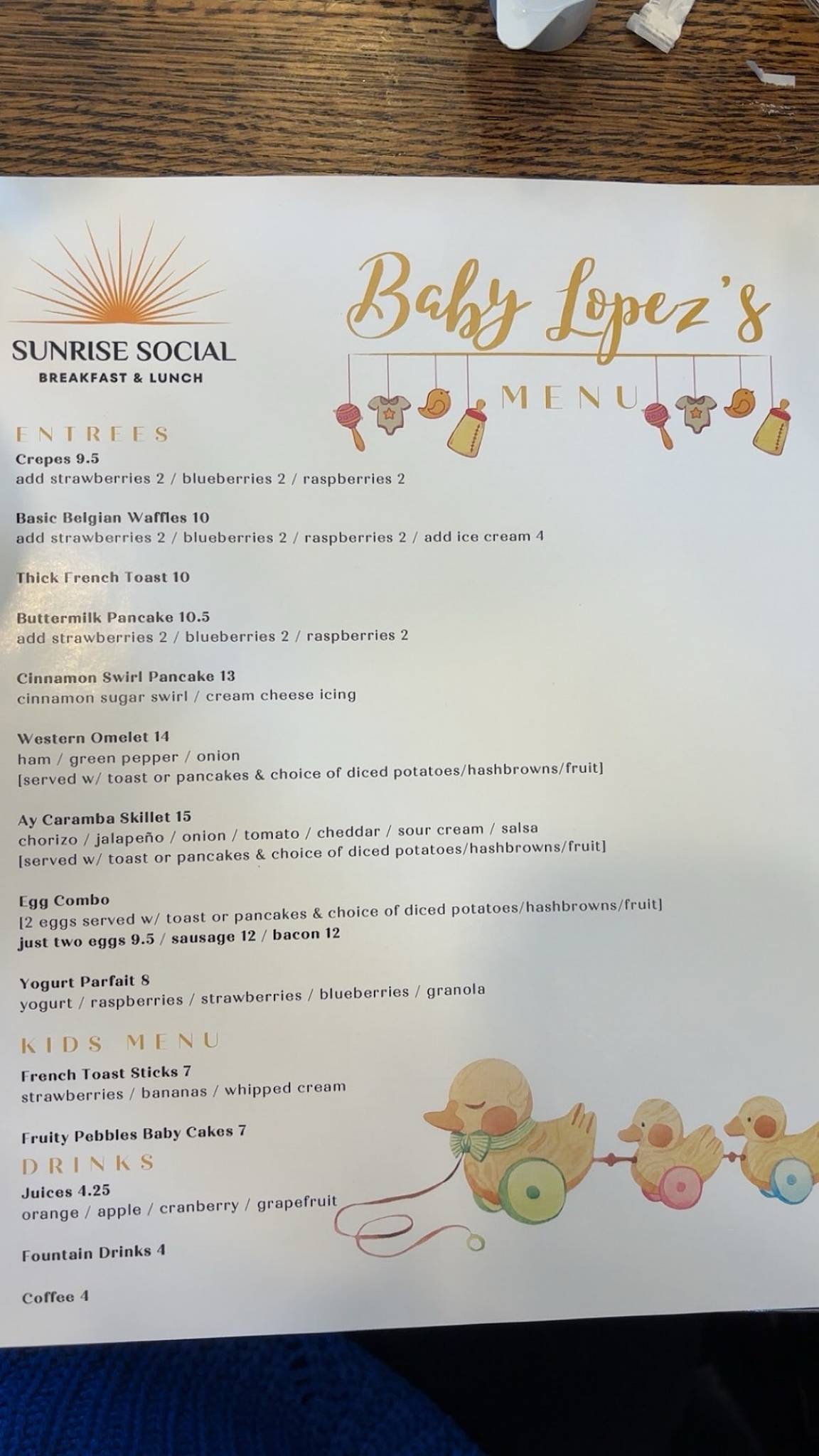 Menu at Sunrise Social restaurant, Carpentersville