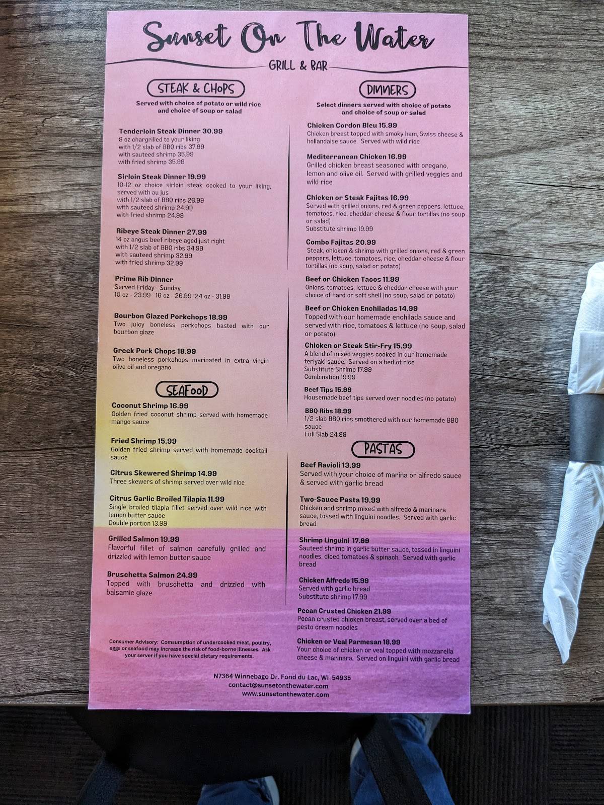 Menu at Sunset On The Water steakhouse, Fond du Lac