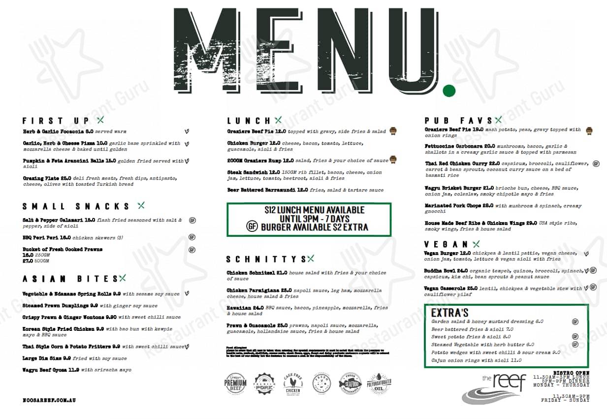 Menu at Noosa Reef Hotel restaurant, Noosa Heads
