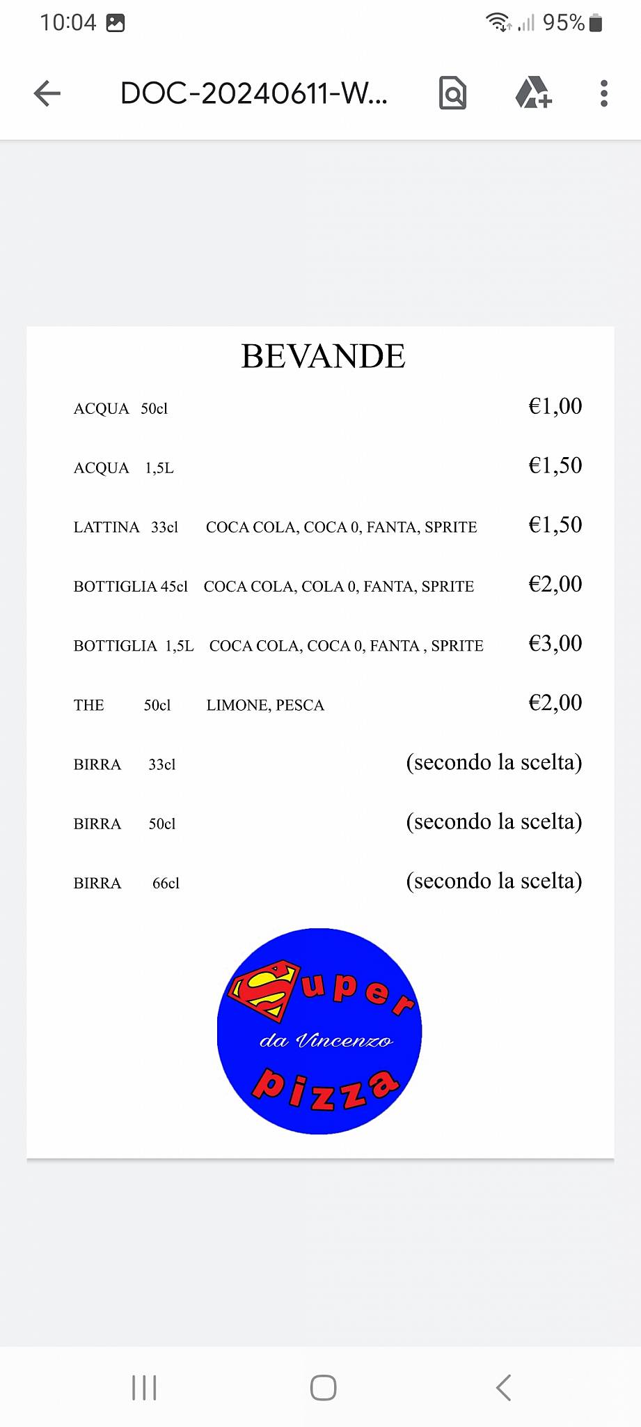 Menu da Superpizza da Vincenzo ristorante, Castelchiodato