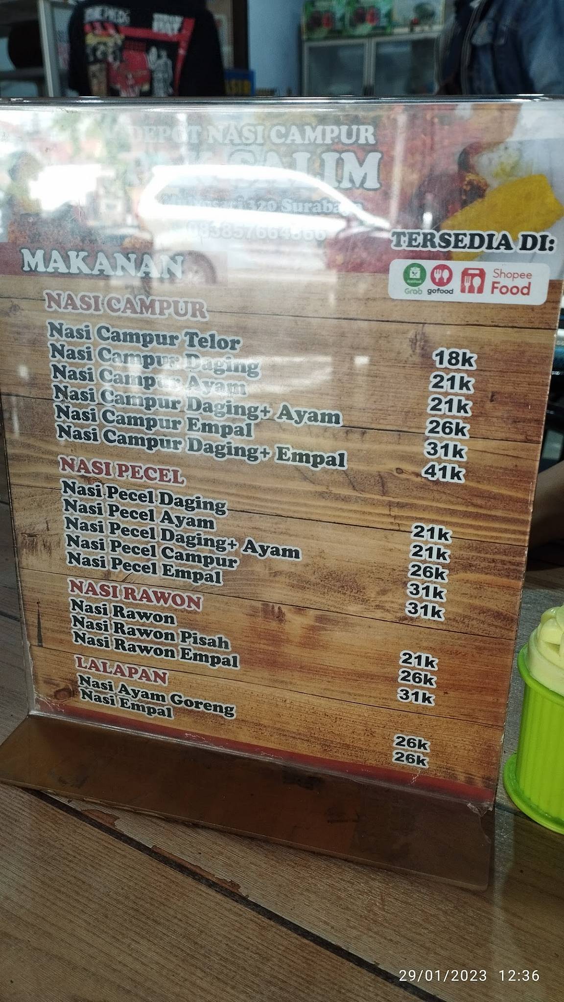 Carta del restaurante Depot Nasi Campur Pak Salim, Surabaya
