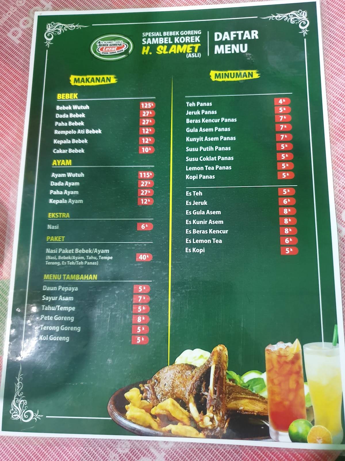 Carta del restaurante Bebek Goreng H. Slamet (Asli), Surakarta