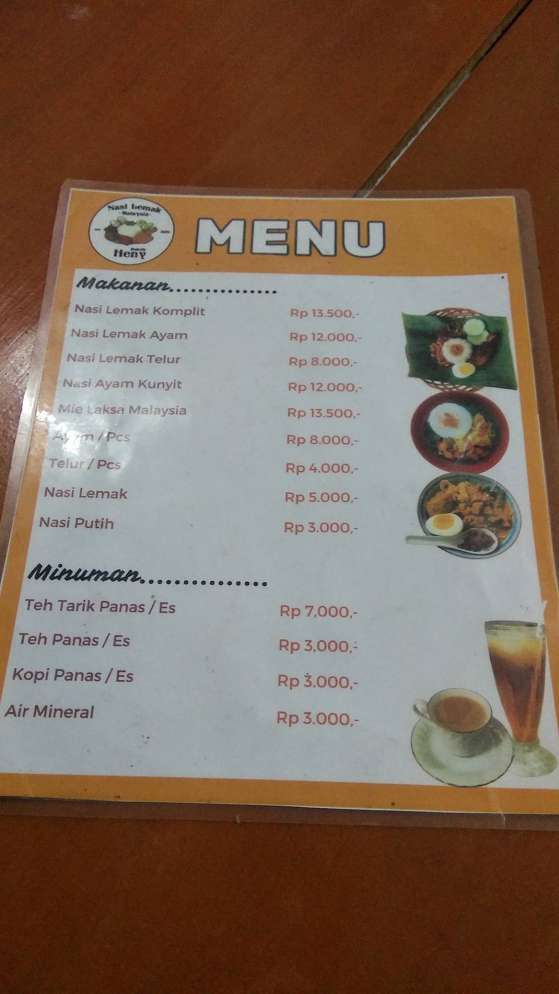 Menu at Nasi Lemak Makcik Heny restaurant, Surakarta