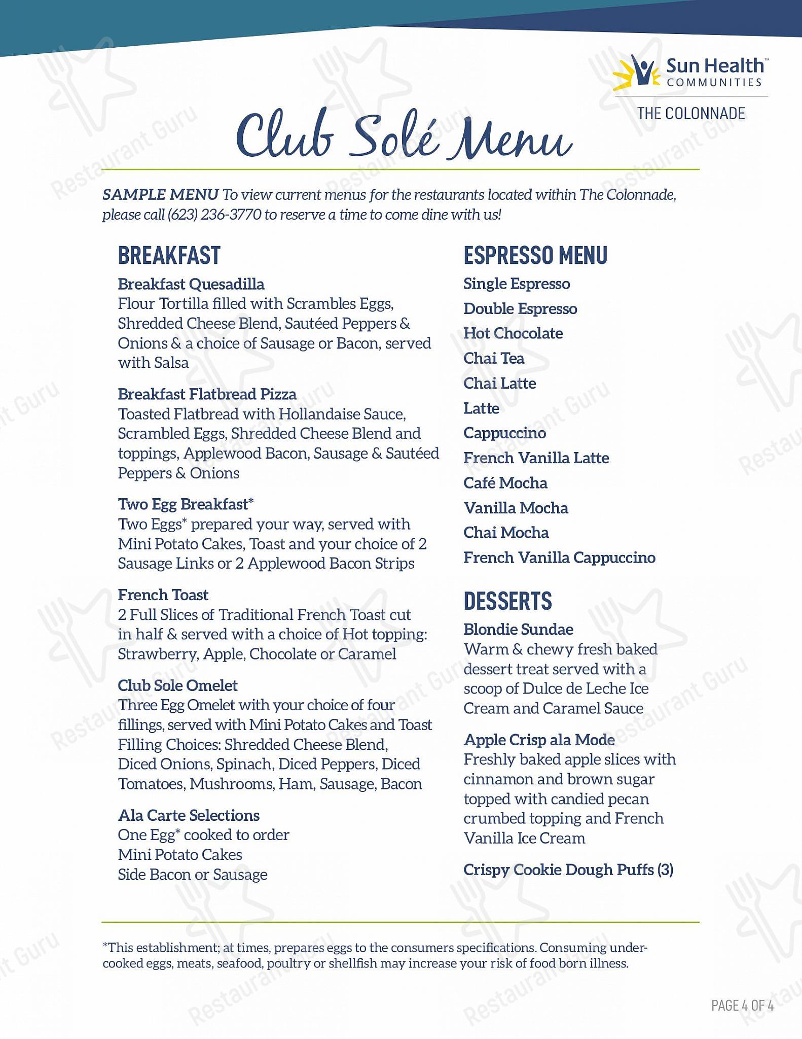 Menu at Colonnade Bistro cafe, Surprise