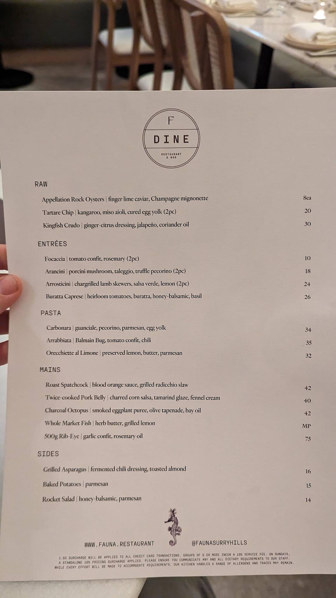 Carta de Fauna Restaurant & Bar, Surry Hills
