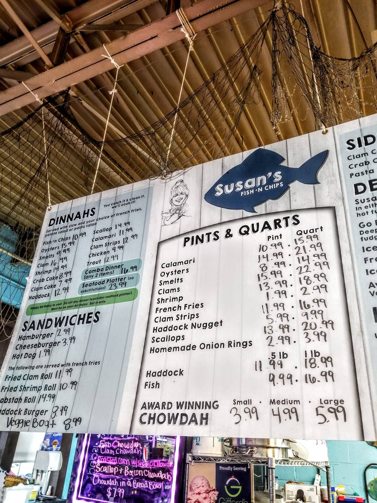 Menu at Susan's Fish-n-Chips restaurant, Portland