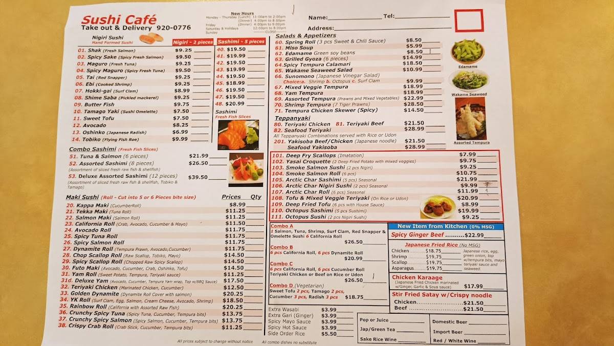 Menu au Sushi Cafe, Yellowknife
