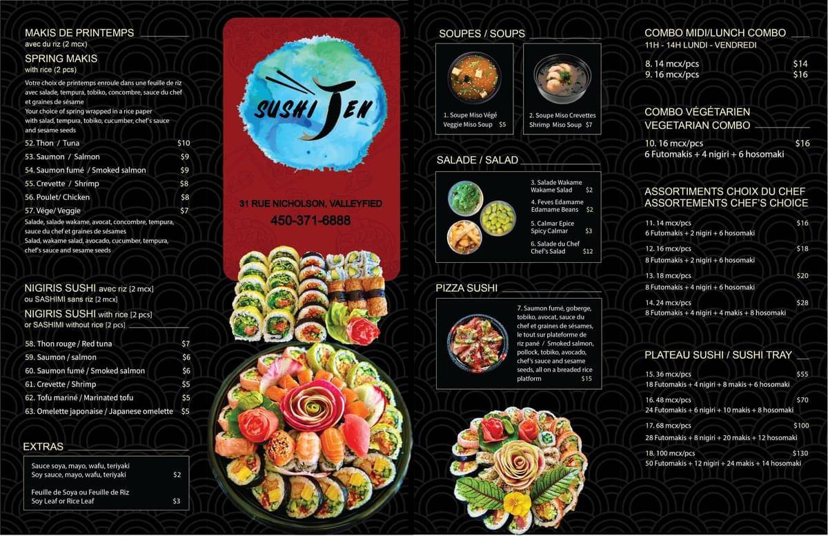 Menu au Sushi Jen restaurant, Salaberry-de-Valleyfield
