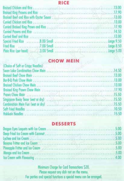 Menu at Swan Lake Chinese Restaurant, Churchlands, Unit 1/3 Flynn St