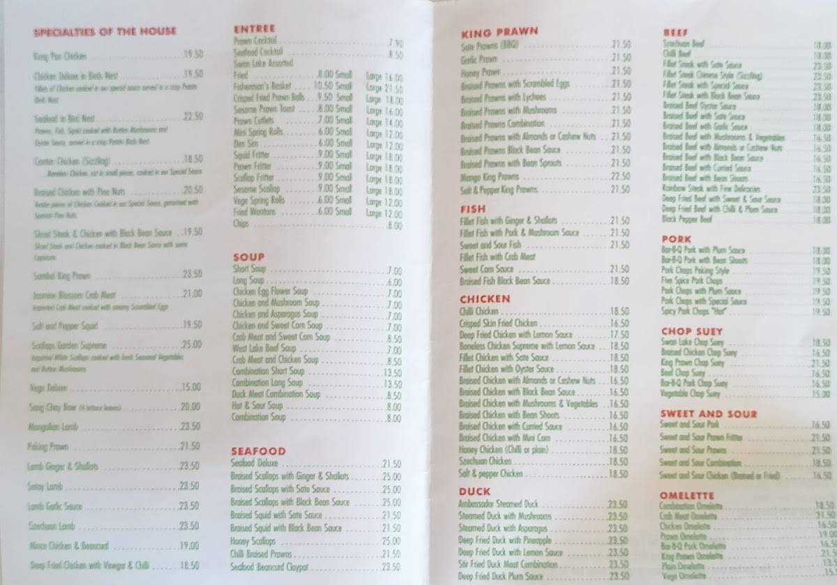 Menu at Swan Lake Chinese Restaurant, Churchlands, Unit 1/3 Flynn St