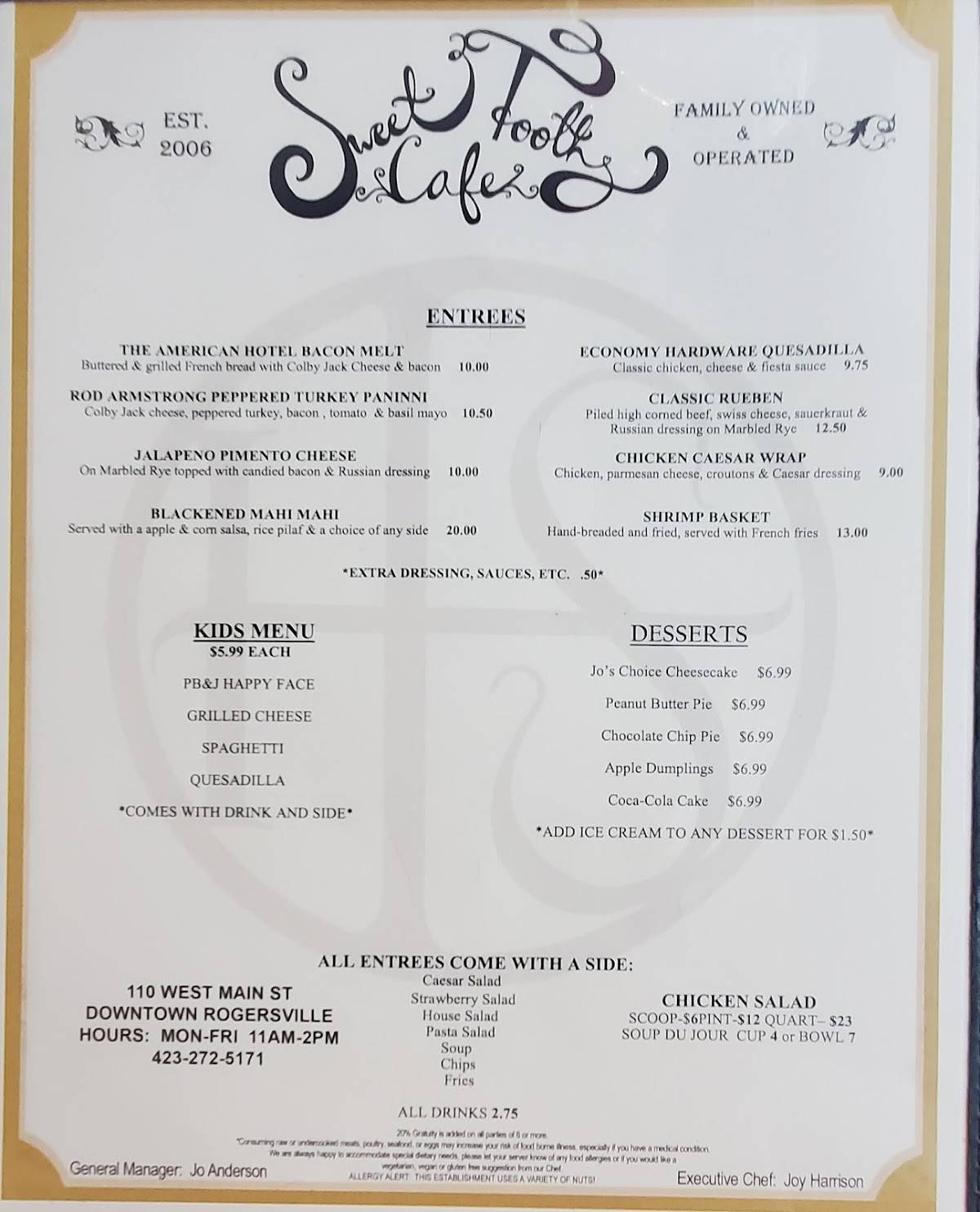 Menu at Sweet Tooth Cafe, Rogersville, 110 W Main St