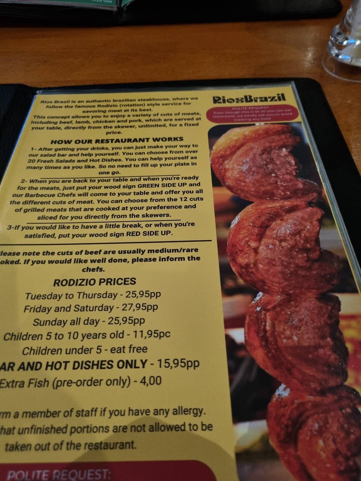 Menu at Rios Brazil restaurant, Swindon