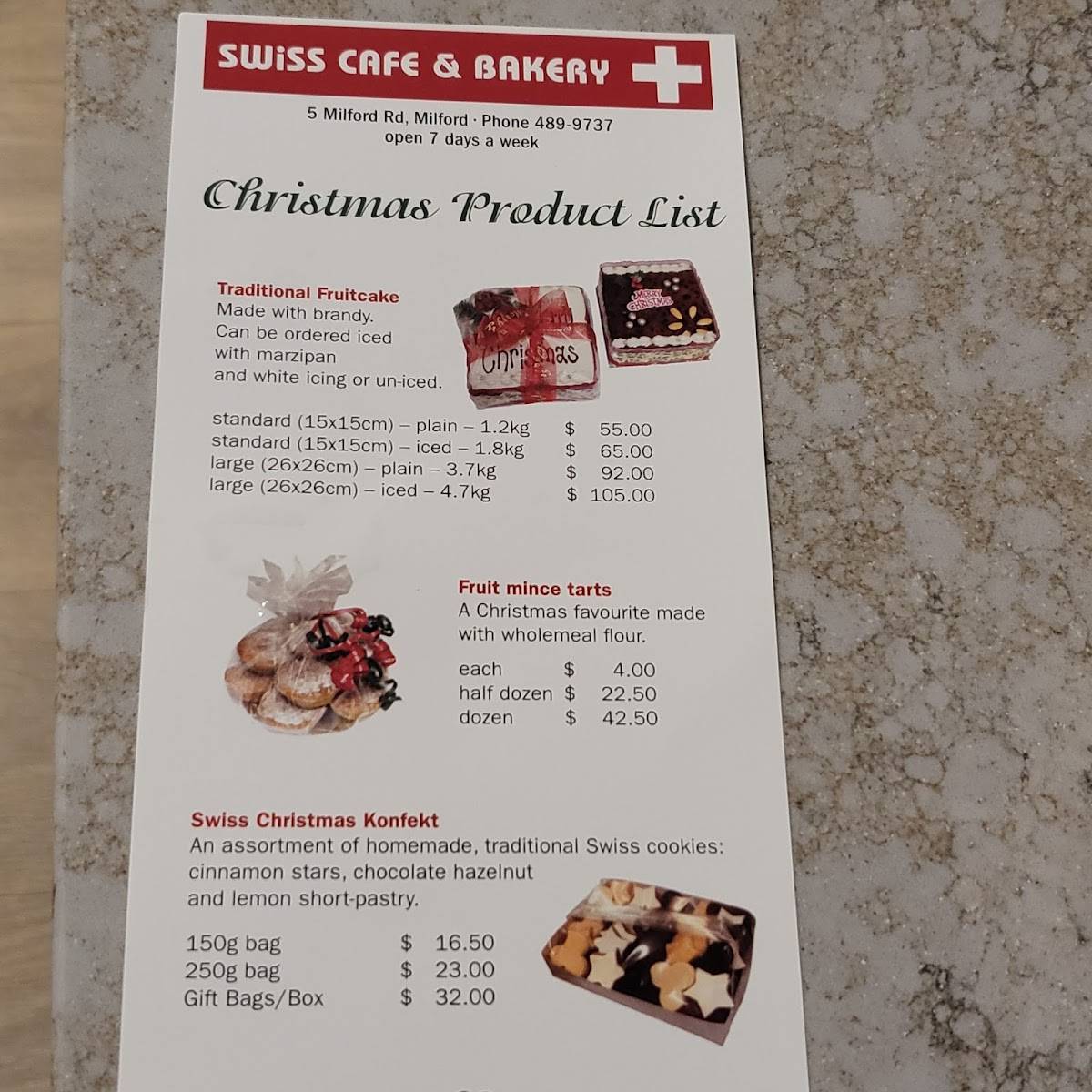 Menu at Swiss Cafe & Bakery, Auckland