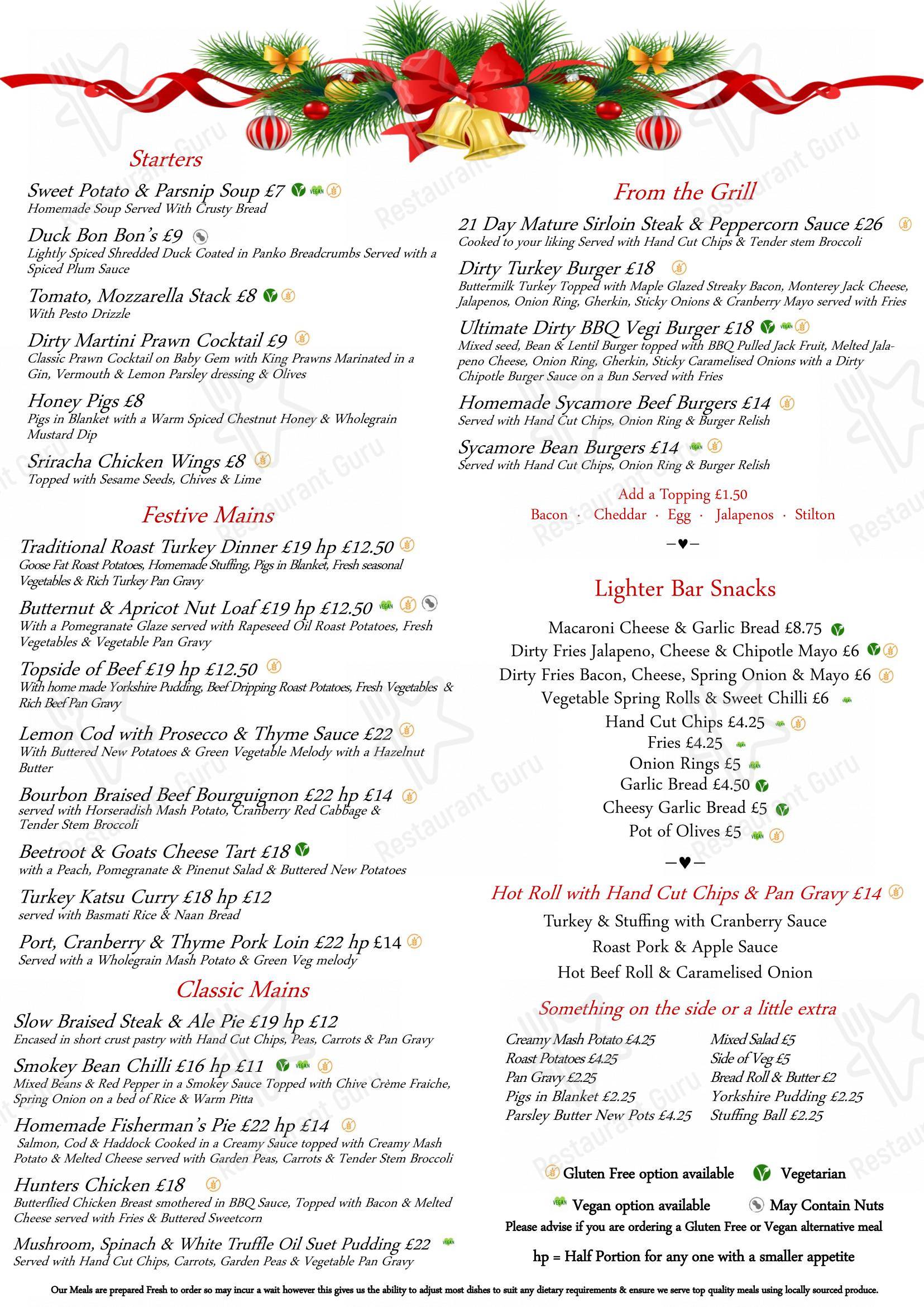 Menu at Sycamore Inn, Parwich pub & bar, Ashbourne