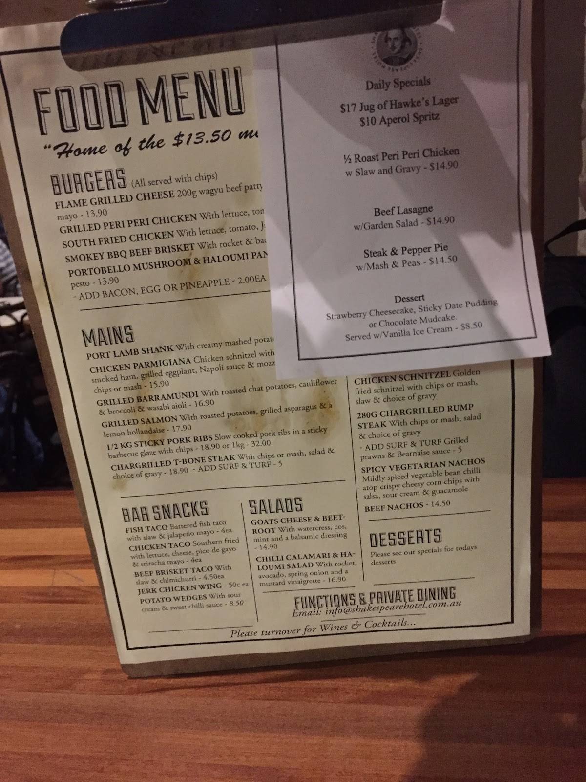 Menu at Shakespeare Hotel pub & bar, Sydney