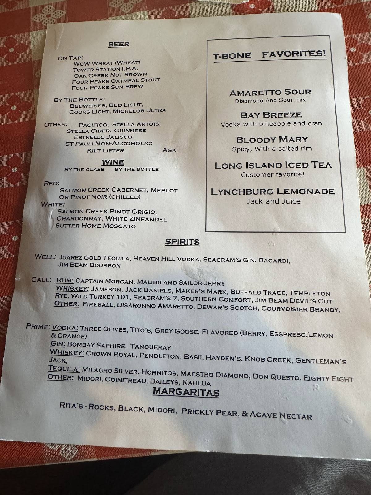 Menu at T-Bone Steak House steakhouse, Phoenix