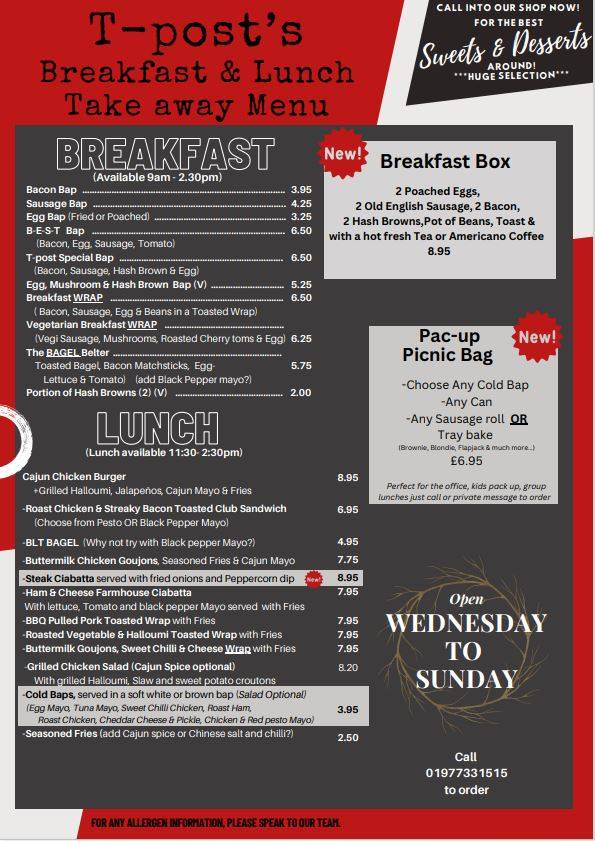 Menu at T Post Tearoom cafe, Castleford
