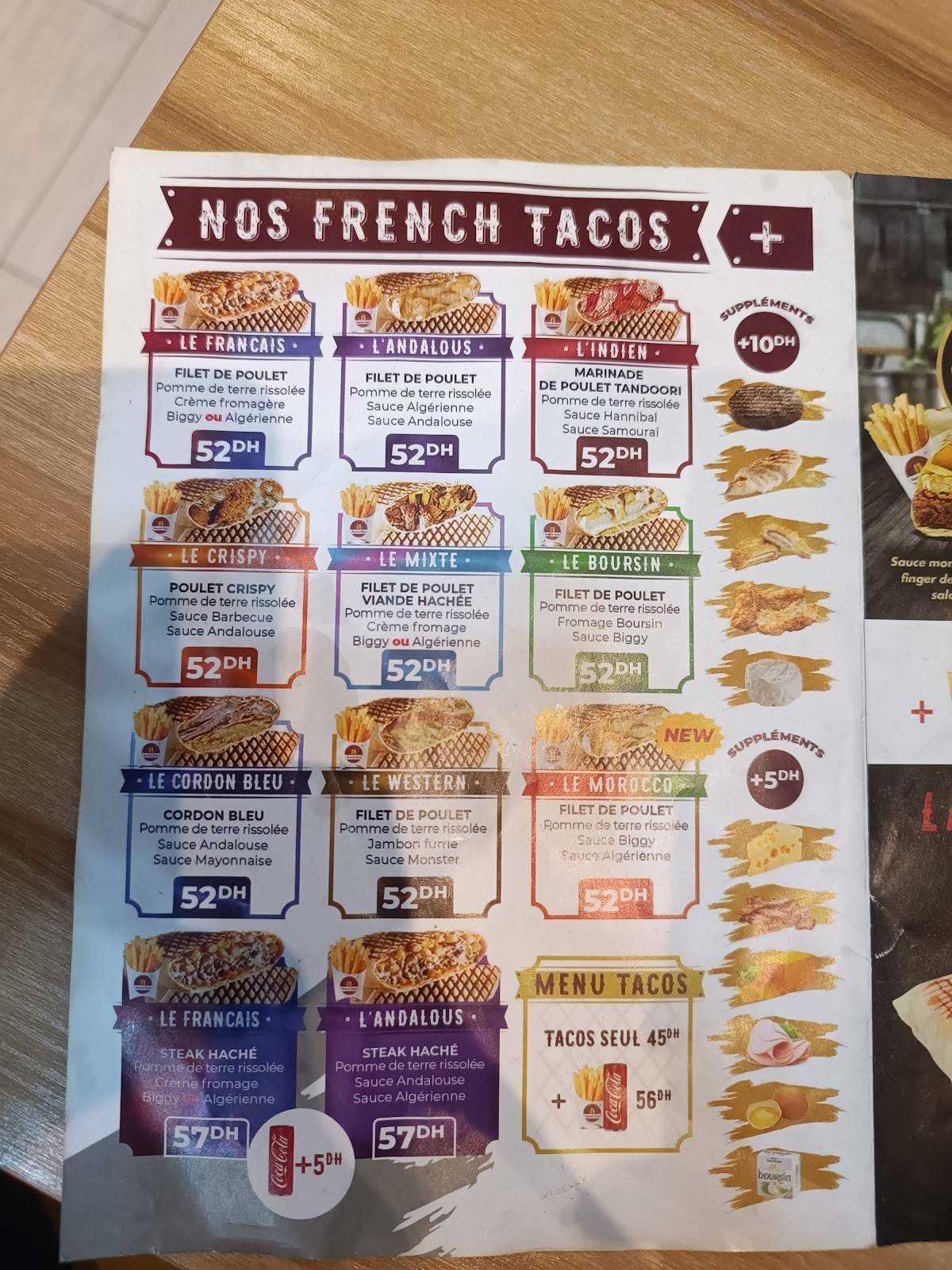 Menu au TACOS DE PARIS TEMARA restaurant, Temara