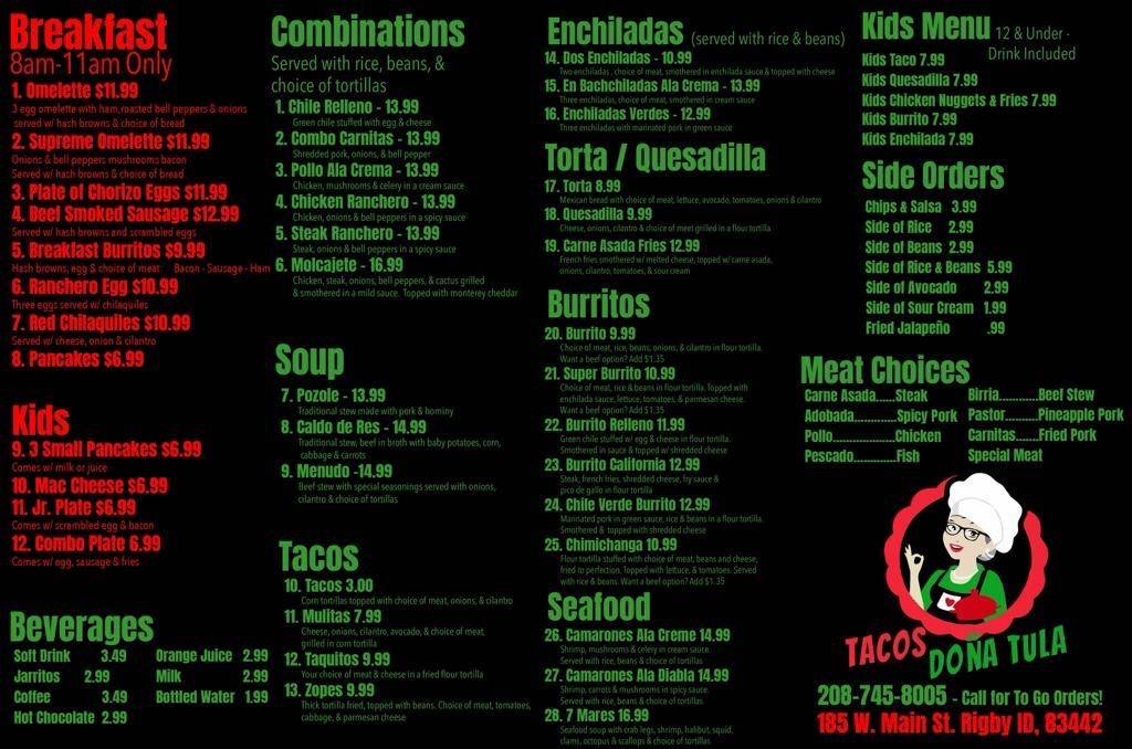 Menu at TACOS DOÑA TULA restaurant, Rigby