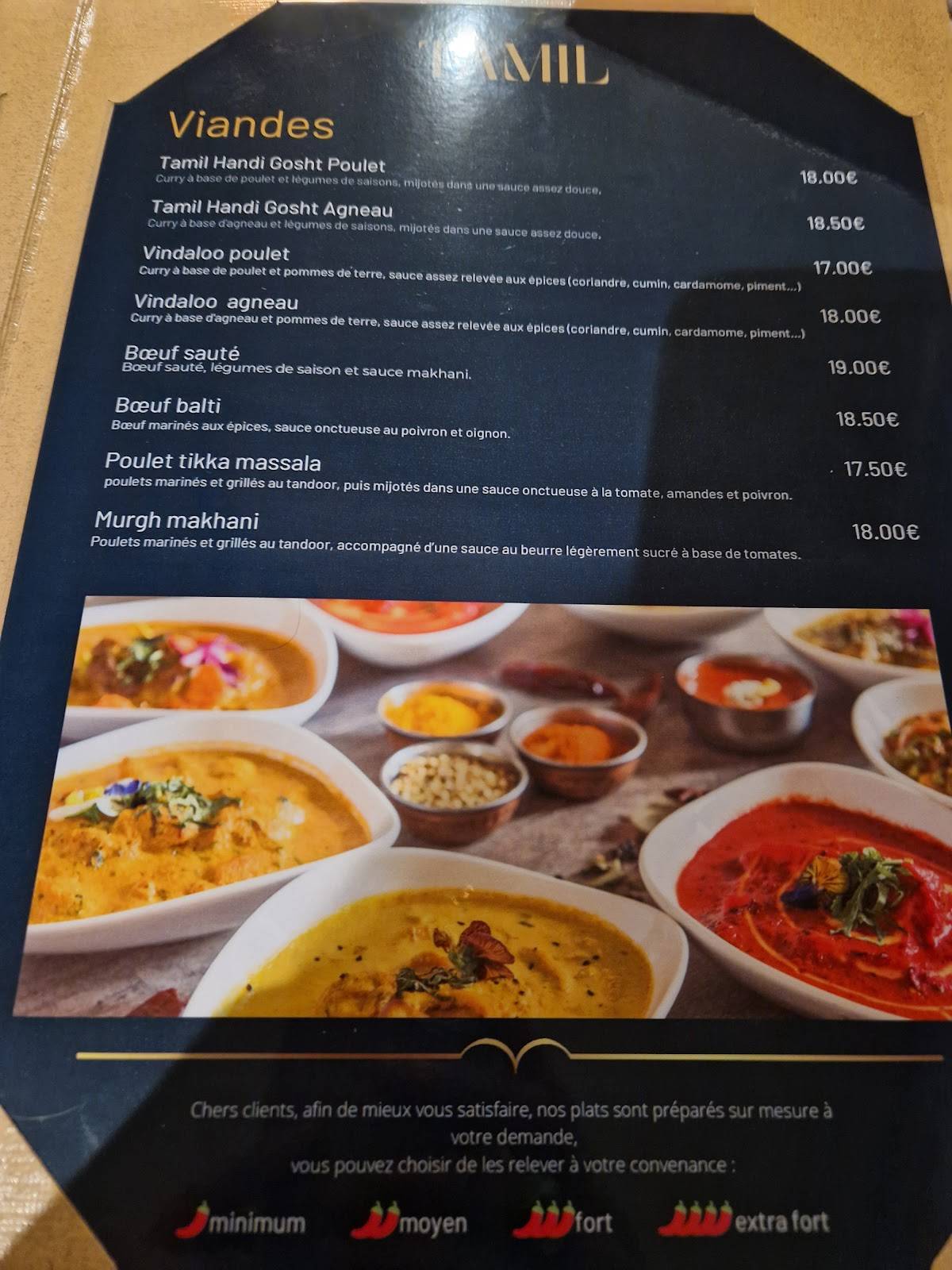 Menu au TAMIL - RESTAURANT INDIEN, Haguenau