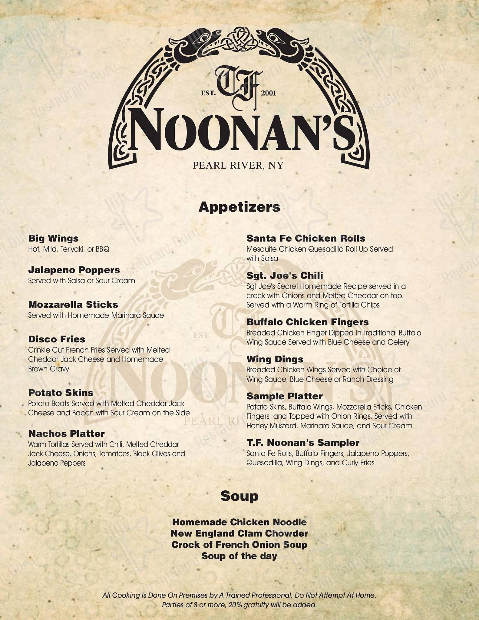 Menu at T.F. Noonan's pub & bar, Pearl River