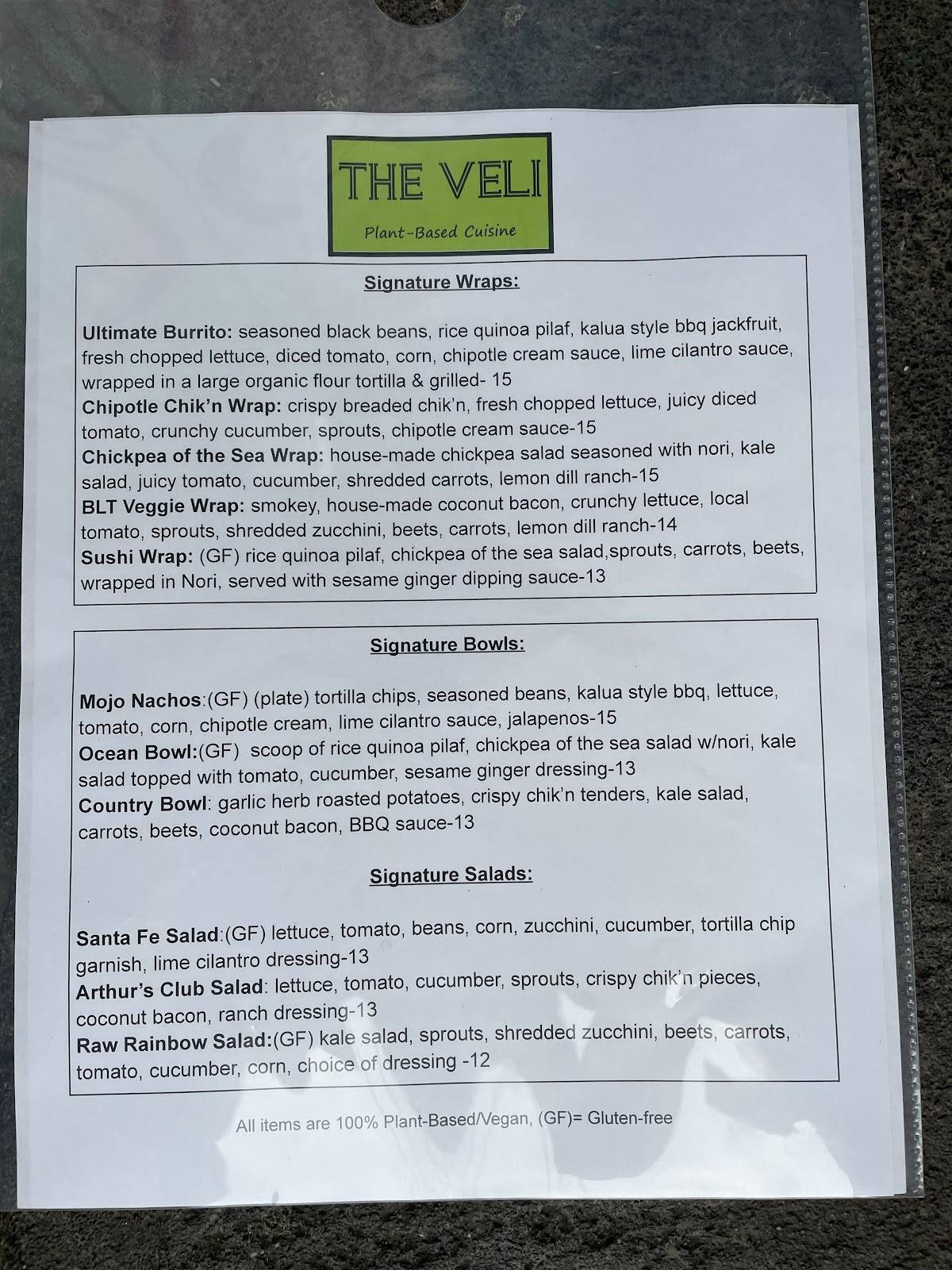 Menu at THE VELI restaurant, Pāhoa