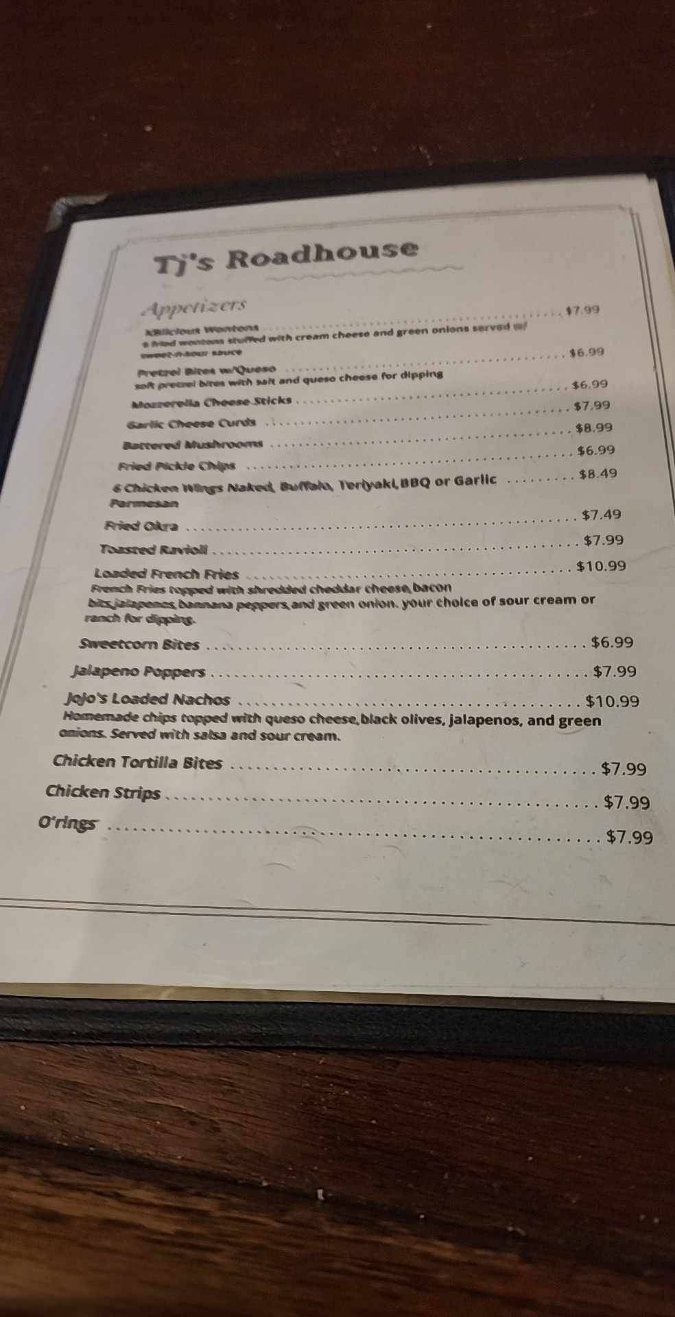 Menu at TJ’s Roadhouse restaurant, Mexico