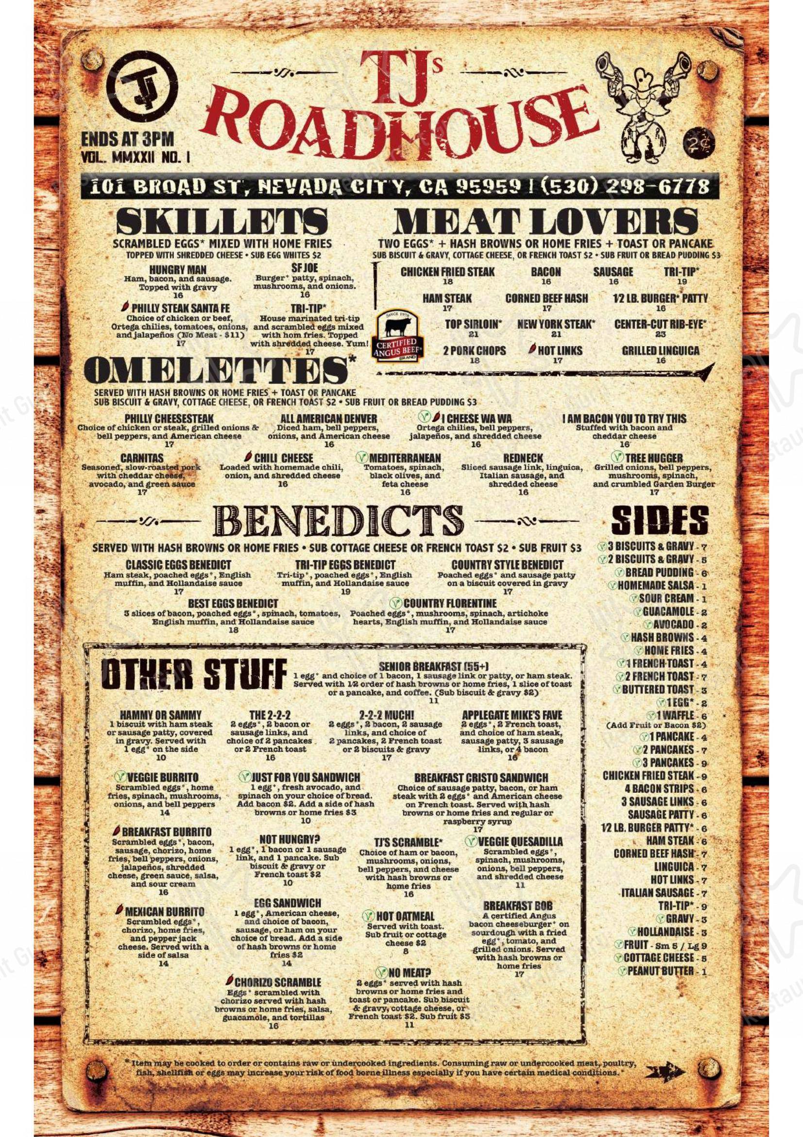 Menu at TJ's Roadhouse of Nevada City restaurant, Nevada City