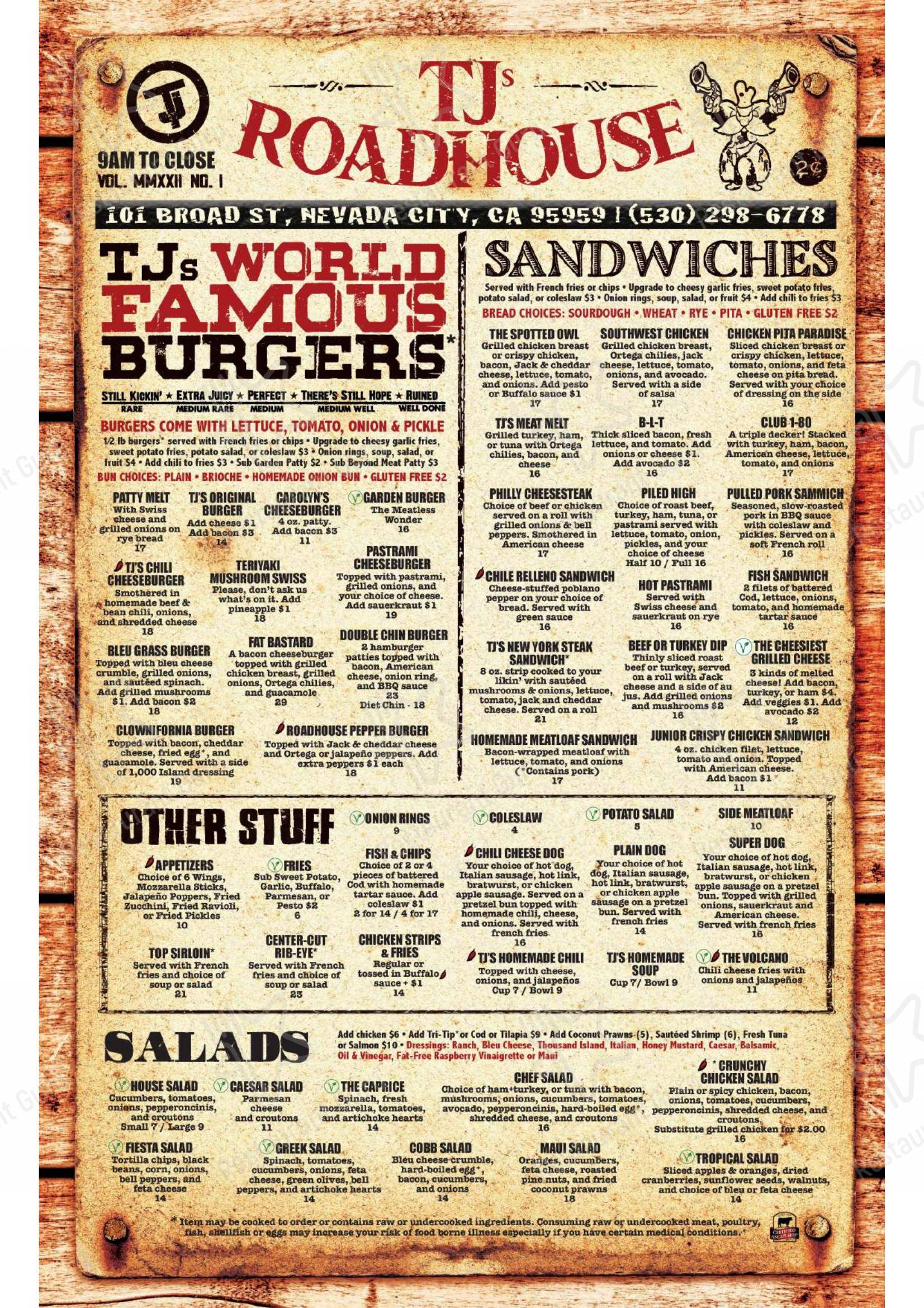 Menu at TJ's Roadhouse of Nevada City restaurant, Nevada City