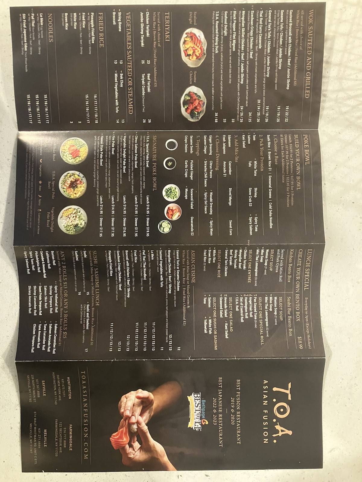 Menu at TOA Asian Fusion (Sayville) restaurant, Sayville