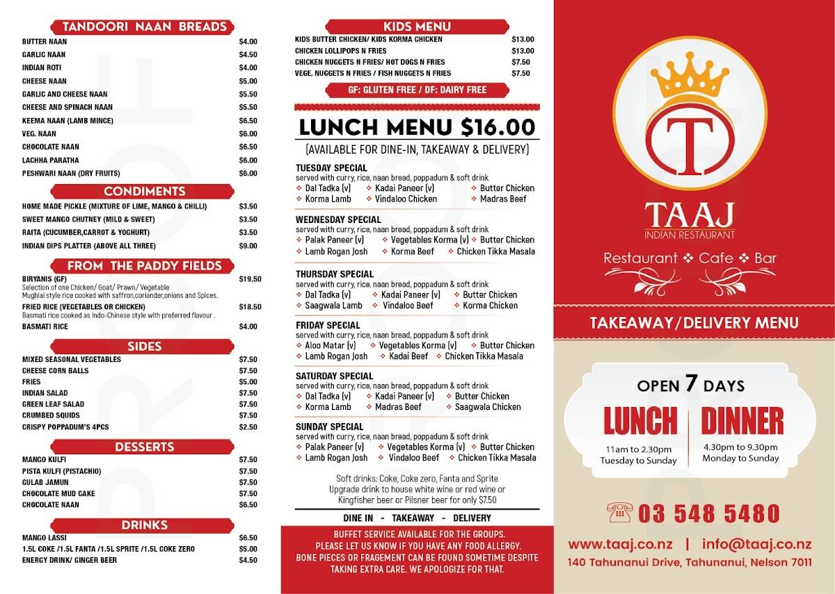 Menu at Taaj Indian Restaurant & Takeaway in Nelson, Nelson