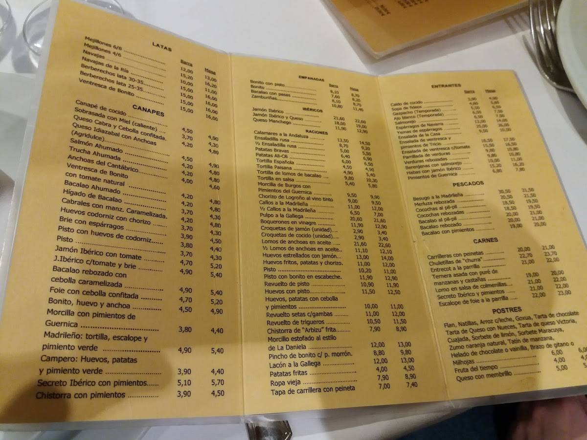 Carta del restaurante Taberna La Daniela, Madrid, Calle del los Cuchilleros