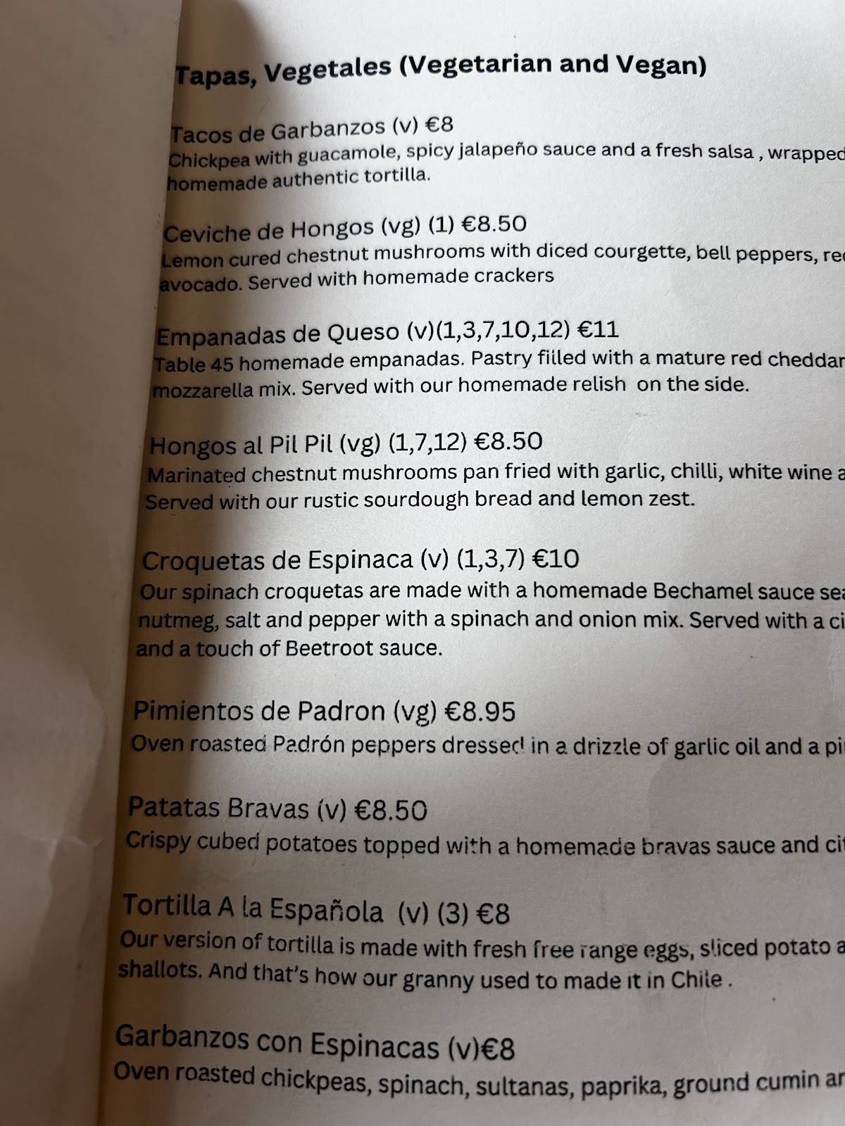 Menu at Table 45 restaurant, Dublin