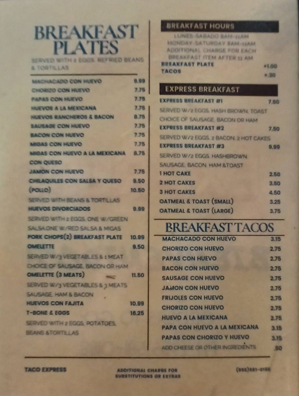 Menu at Taco Express restaurant, Palmview, 105 E Veterans Dr