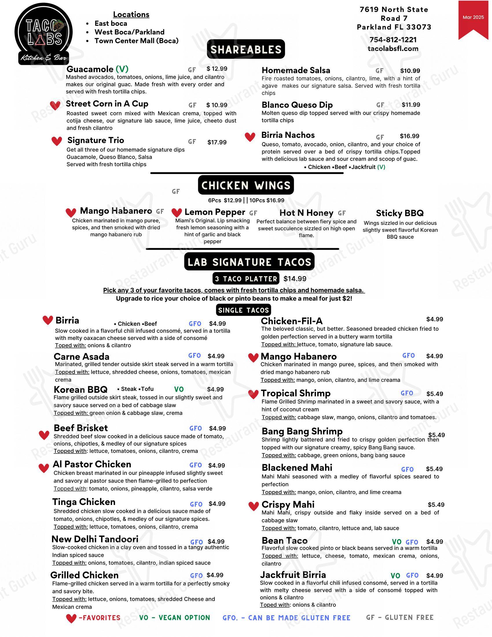 Menu at Taco Labs - Kitchen & Bar (Parkland/West Boca), Parkland